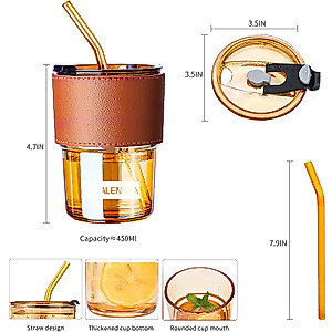 Glass Water Bottles,15oz Glass Tumbler Wide Mouth Mason Jar with Lid and Straw,2 Drinking Ports Aesthetic Cups,Reusable Drinking Jars for Tea, Beer,Iced Coffee,Honey,smoothies,Juice etc (Amber)