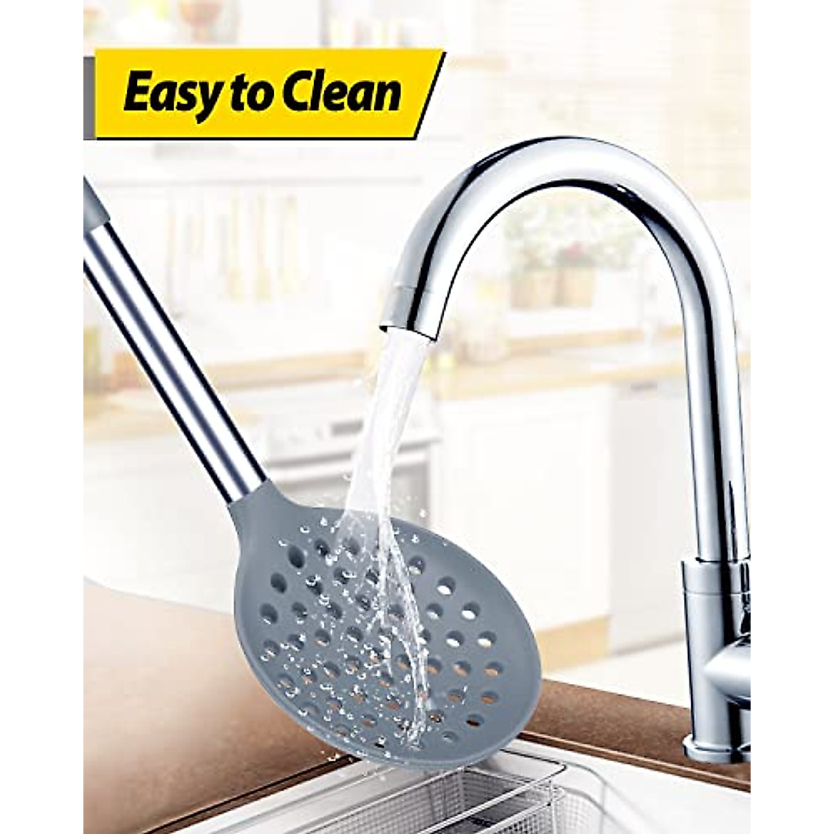 Kitchen Ladle Strainer Set of 2 Large Slotted Spoon with High Heat Resistant BPA Free Non Stick Cooking Skimmers For Draining & Frying (Grey and Teal Blue)