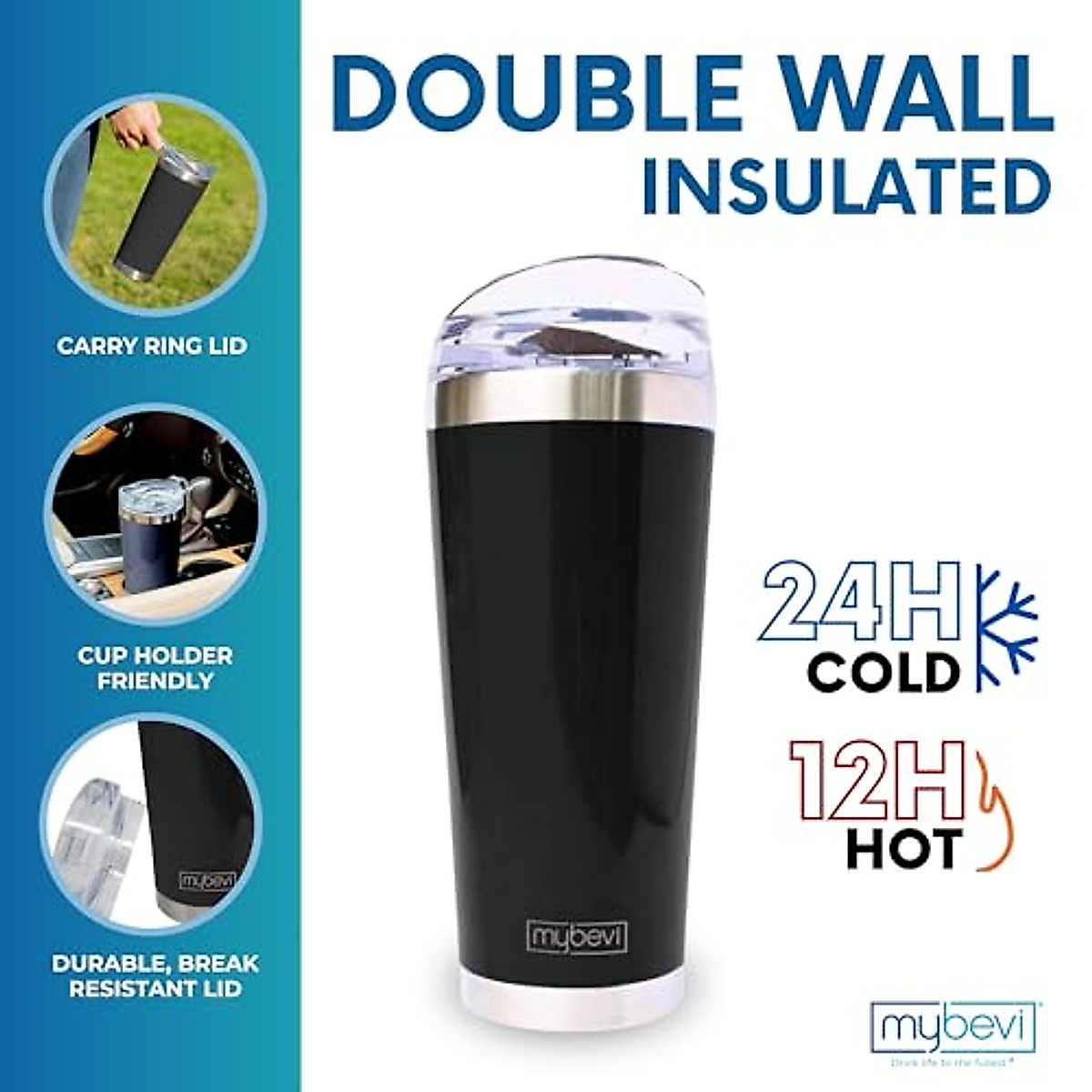 MyBevi Classic Premium Stainless Steel Tumbler with 12-Hour Temperature Control, Tritan Lid, and BPA-Free Construction | Black Sparkle, 26 oz