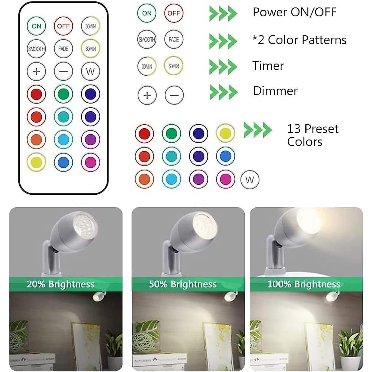 KINDEEP RGB Wireless LED Spotlight, Battery Operated Accent Lights, Indoor Mini Puck Light, Dimmable Uplight with Remote, 4000K Warm White, Stick on Wall Light with Rotatable Head, Silver, 2 Pack