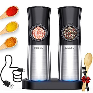 Rechargeable Electric Salt and Pepper Grinder Set, DULEC Gravity Salt & Pepper Mill Sets with Charging Base, Automatic Pepper Grinder, Adjustable Coarseness, LED Light, One Hand Use, 2 Pack