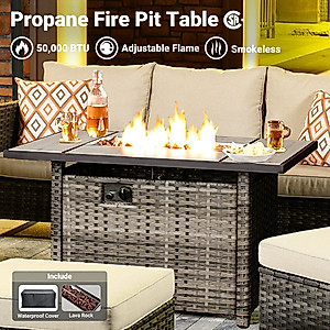 ovios 7 Pieces Patio Furniture Set with Rectangular Fire Pit Table, Swivel Rocking Chairs, Outdoor High Back Wicker Rattan Conversation Set for Deck Porch, Beige