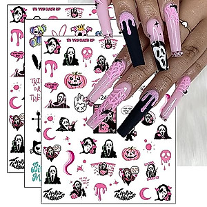JMEOWIO 9 Sheets Halloween Nail Art Stickers Decals Self-Adhesive Pegatinas Uñas Pink Ghost Pumpkin Spider Web Cute Nail Supplies Nail Art Design Decoration Accessories