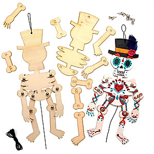 Baker Ross AT108 Wooden Skeleton Puppet Kit - Pack of 4, Wood Craft Kit for Kids Day of The Dead Arts Activities