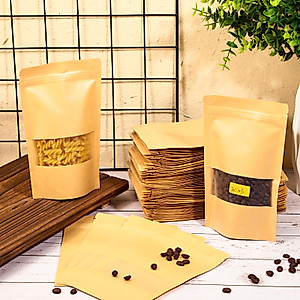 Ctosree 300 Pcs Kraft Pouch with Window Bulk Kraft Stand up Zipper Pouch 5 x 8 Inch Stand up Kraft Bags Kraft Zipper Pouch for Food Storage Reusable Heat Sealable Bag for Small Business Packaging Home