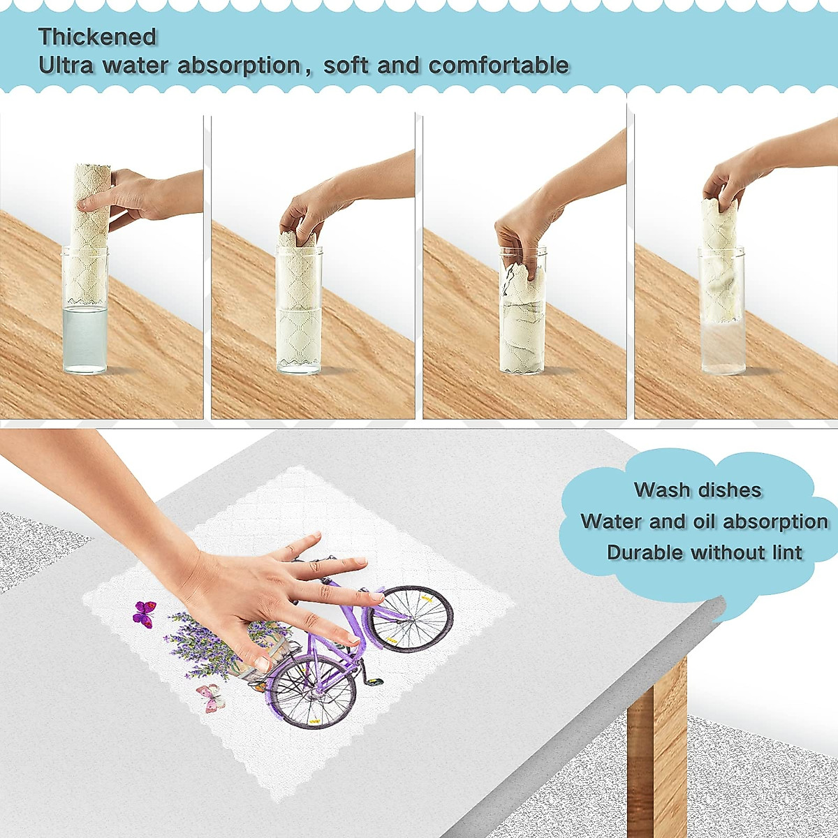 ALAZA Dish Towels Kitchen Cleaning Cloths Violet Bicycle Lavender Flower Butterflies Dish Cloths Super Absorbent Kitchen Towels Lint Free Bar Tea Soft Towel Kitchen Accessories Set of 6,11"x11"