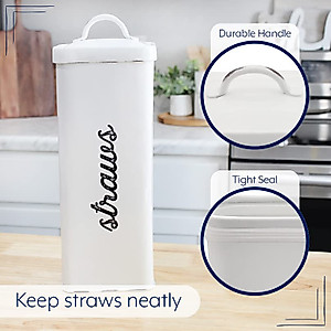 AuldHome Farmhouse Enamelware Straw Holder (White); Rustic Metal Straw Storage Canister