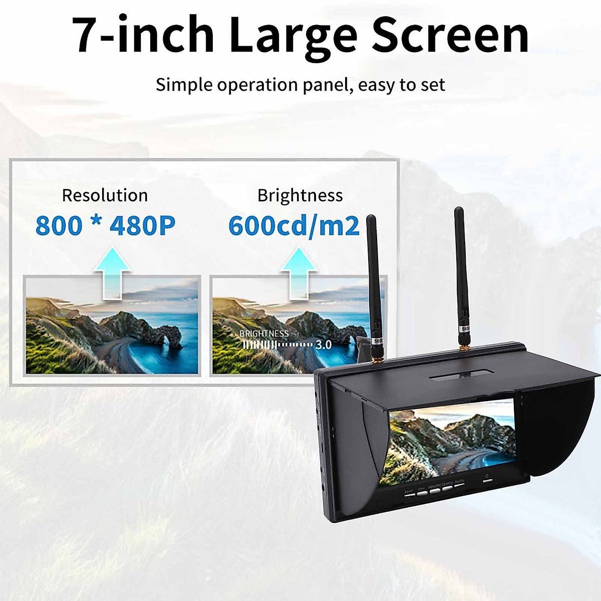 FPV Monitor, 800x480 5.8GHz 40Channels 7Inch LCD Screen Monitor/Display Dual Receiver Monitor for FPV Drone Quadcopter Automatic Antenna Switching