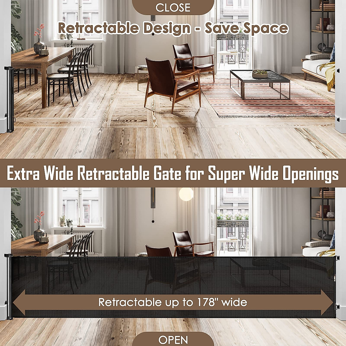 178 Inch Baby Gates Extra Wide Retractable Baby Gate Outdoor Pet Gates for Dogs Indoor Retractable Gate for Super Wide Openings Large Dog Gate Retractable Dog Gate Adjustable Baby Gates for Doorways