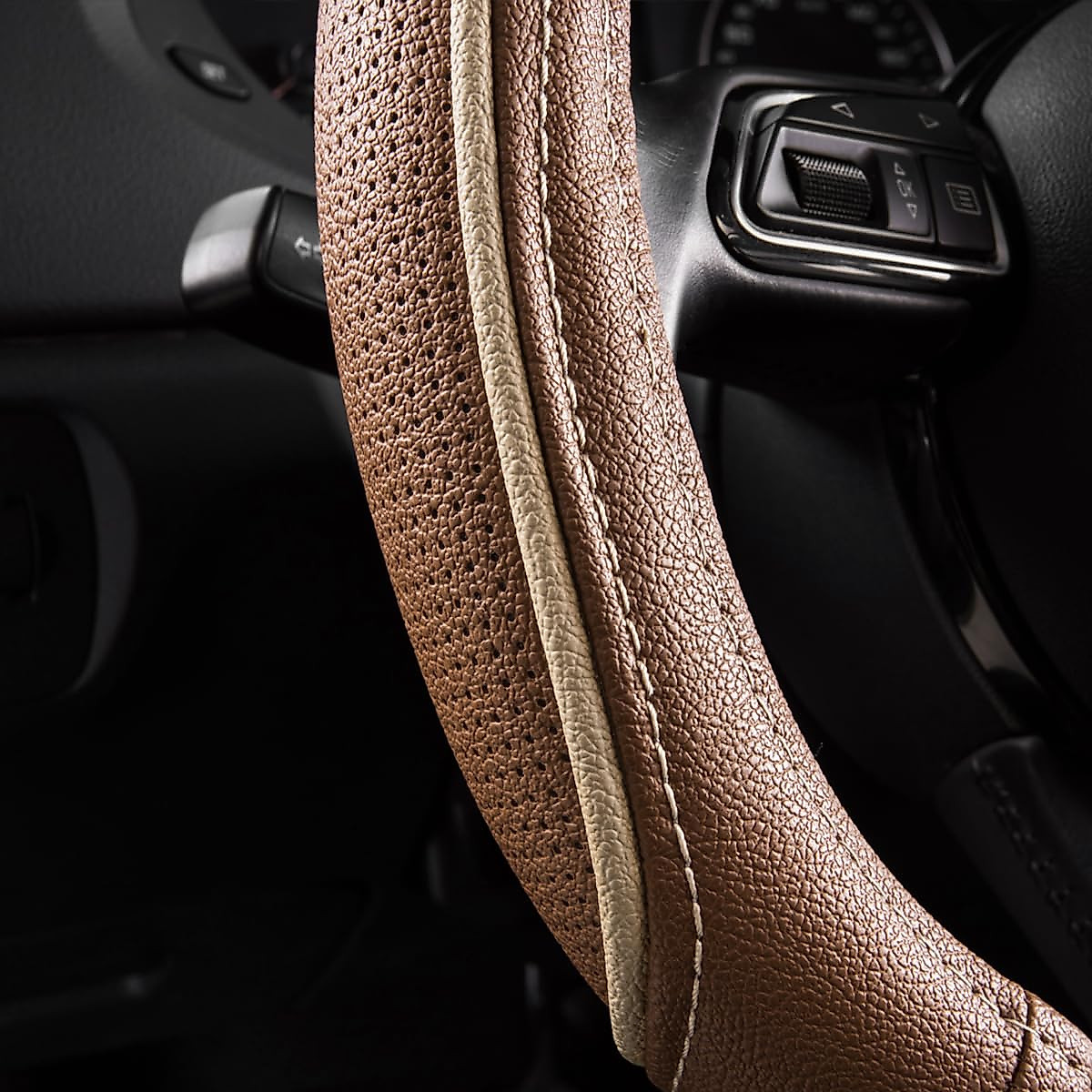 CAR PASS Line Rider Delux Leather Steering Wheel Cover, Universal Fit for Suvs,Sedans,Vans,Trucks for 14.5" to 15"(Brown & Beige)