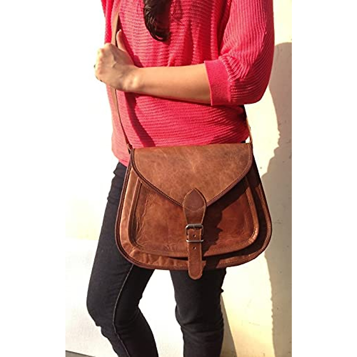 13" BROWN GENUINE LEATHER VINTAGE WOMEN'S PURSE BAG BOHO WESTERN HIPPY CLUTCH (12 inch)