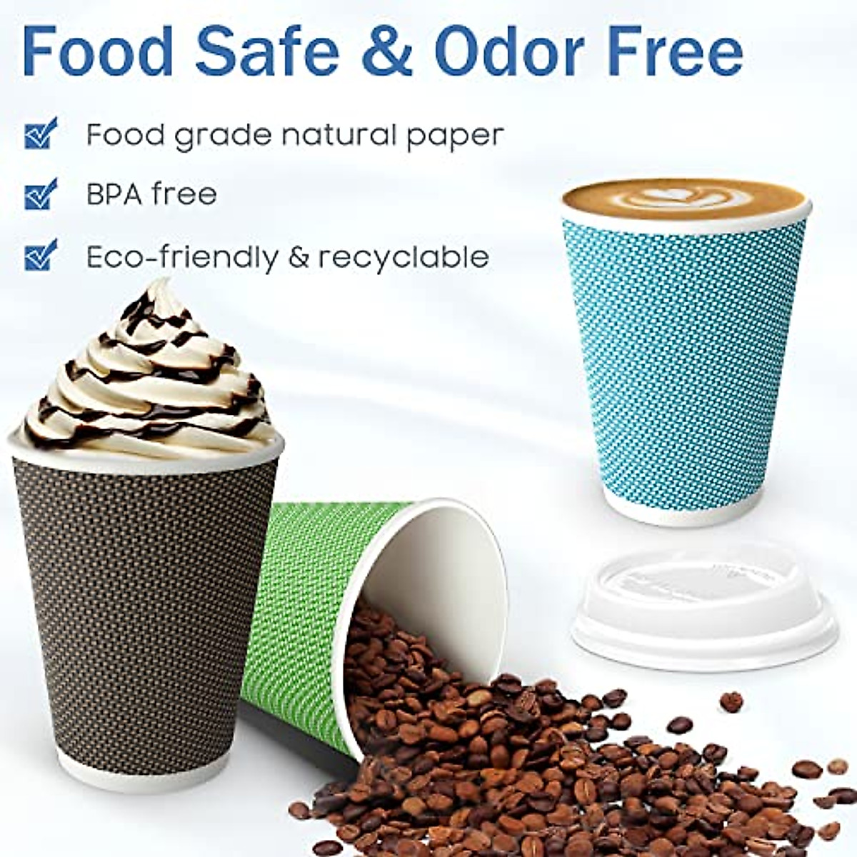 MRcup [40 Packs] 12oz Insulated Triple Wall Coffee Cups with Lids and Straws, PerfectTouch Leakfree Disposable Coffee Cups, Anti-slip Anti-spill Togo Hot & Cold Reusable Paper Cups, Colorful