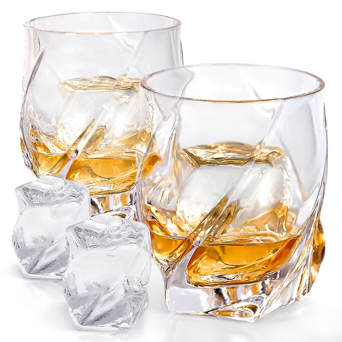 JAMES BENTLEY Glass Vride Heavy Tumbler – Elevate your Drinking Experience with our Whiskey Set of 2 Hand Blown, Double Wall Glass Tumbler (9.5oz) with Ice Mold Tray - Whiskey Glasses for Men