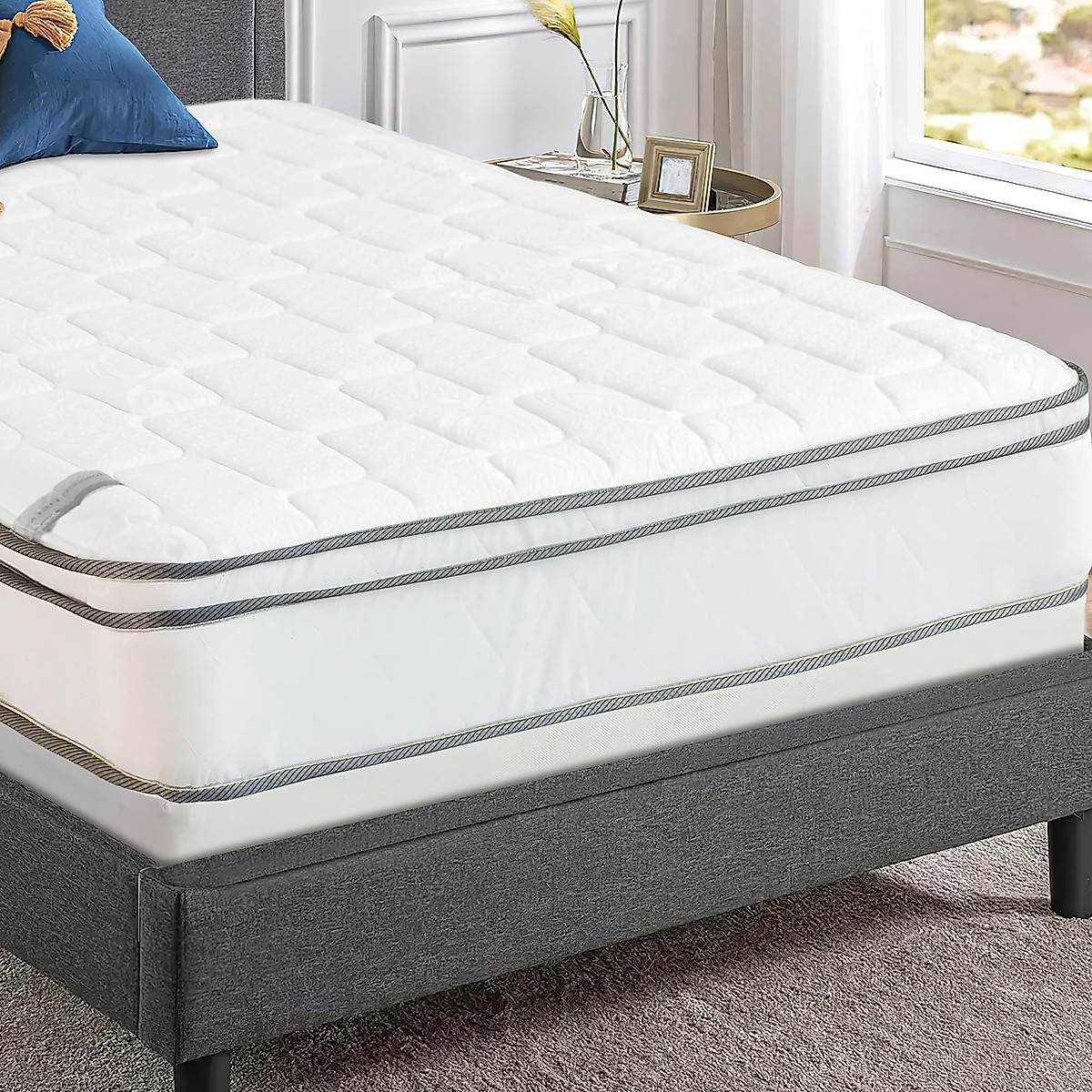 Mattress Solution Eurotop Pillowtop Innerspring Mattress and 8" Wood Boxspring/Foundation Set, Full, White