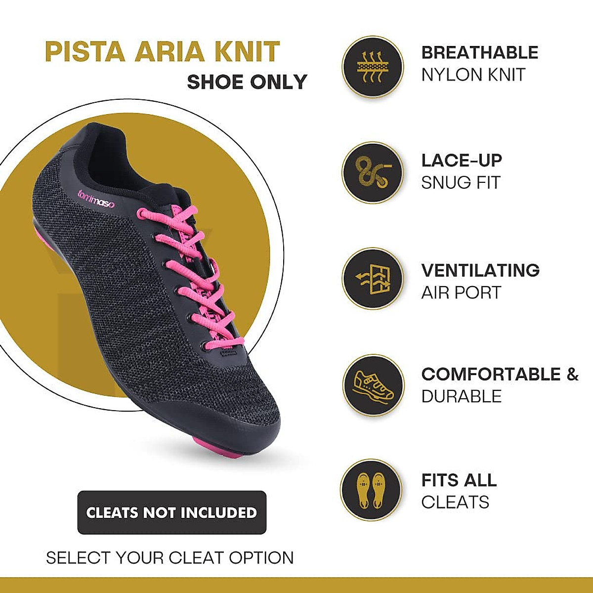 Tommaso Pista Aria Women's Cycling Shoes Dual Cleat Compatibility Spin Shoes, Indoor Cycling Bike, Road Bike Shoes, Sport Bike- No Cleats - Compatible with SPD, SPD-SL & Look Delta Cleats - Black 43