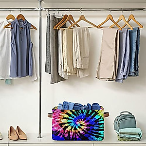 Gougeta Foldable Storage Basket with Handle, Tie Dye Rainbow Colorful Rectangular Canvas Organizer Bins for Home Office Closet Clothes Toys 2 Pack