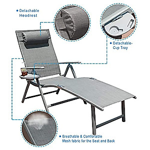 GOLDSUN Aluminum Outdoor Folding Adjustable Chaise Lounge Chair Set of 2 with Headrest and Tray for Patio Beach Porch Swimming Poolside, Set of Two, Grey