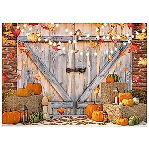 AIIKES 7X5FT Fall Thanksgiving Backdrop Autumn Pumpkin Harvest Barn Door Photography Backdrop Light Post Maple Leaves Haystack Thanksgiving Party Decorations Photo Studio Prop 12-457