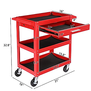 TUFFIOM 3 Tier Rolling Tool Cart, 330 LBS Capacity Industrial Service Cart, Heavy Duty Steel Utility Cart, Tool Organizer with Drawer, Perfect for Garage, Warehouse & Repair Shop (Red)