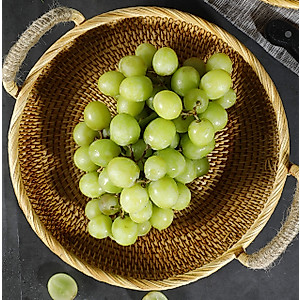 DECRAFTS Rattan Round Fruit Basket for Table Wicker Bread Tray with Handle for Serving Food, Crackers, Snacks (11inch D x 1.8inch H)