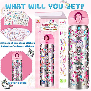 YOFUN Decorate Your Own Water Bottle with 11 Sheets of Unicorn Stickers & Glitter Gems, Craft Kit & Art Kit for Children, Gift for Girls Age 4 5 6 7 8 9 10 Years Old Kids, BPA Free Insulated (Silver)