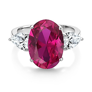 Gem Stone King 925 Sterling Silver Red Created Ruby and White Created Sapphire Ring For Women (5.00 Cttw, 14X10MM Oval and 7X5MM Pear Shape, Gemstone July Birthstone, Available In Size 5, 6, 7, 8, 9)