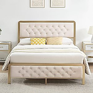 Amyove Golden Queen Size Bed Frame,Upholstered Bed Frame with Button Tufted Headboard,Heavy Duty Metal Easy Assembly,No Box Spring Needed (Beige, Queen)