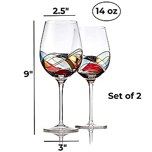 Bezrat Wine Glasses Hand Painted - Set of 2 - Women Wine Gift - Wine Lover Glass - Beautiful Glassware Gifts Ideas for Women Inspired by 'Duomo di Milano' Mothers Day - 12 oz (Red)
