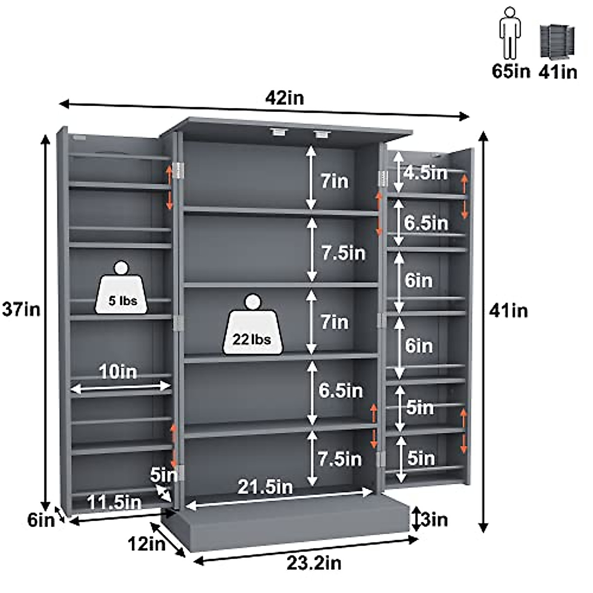 HOMEFORT 41" Kitchen Pantry Cabinet, Storage Cabinet with 6 Adjustable Shelves, Space Saving Cupboard Cabinet for Kitchen Pantry Office