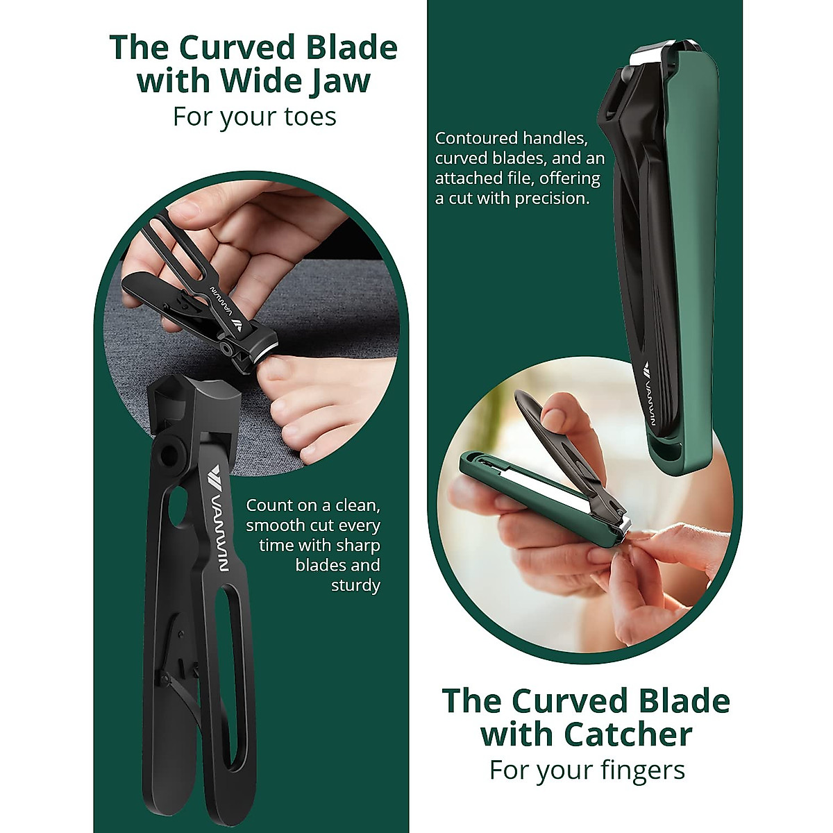 VANWIN Nail Clipper Set 2 Pack, Heavy Duty Toenail Clippers for Thick Toenails and Sturdy Finger Nail Clippers with Catcher, Ultra Sharp Stainless Steel Nail Cutter Nail Clippers for Men Women Adult