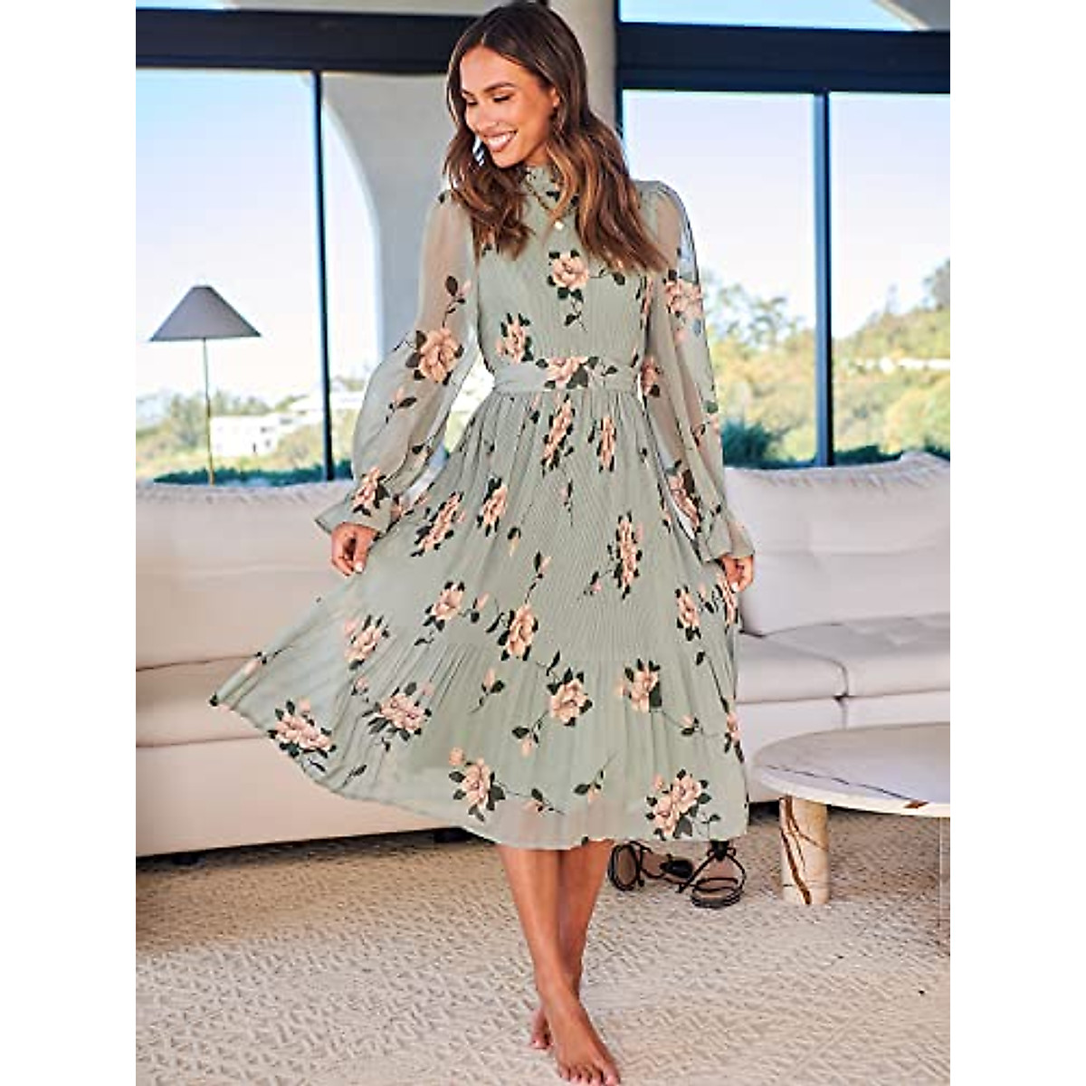 ANRABESS Women's Ruffle Midi Dress Floral Print Round Neck Long Sleeve Smocked Chiffon Dress A-Ling Swing Pleated Casual Dress 676luochenghua-S