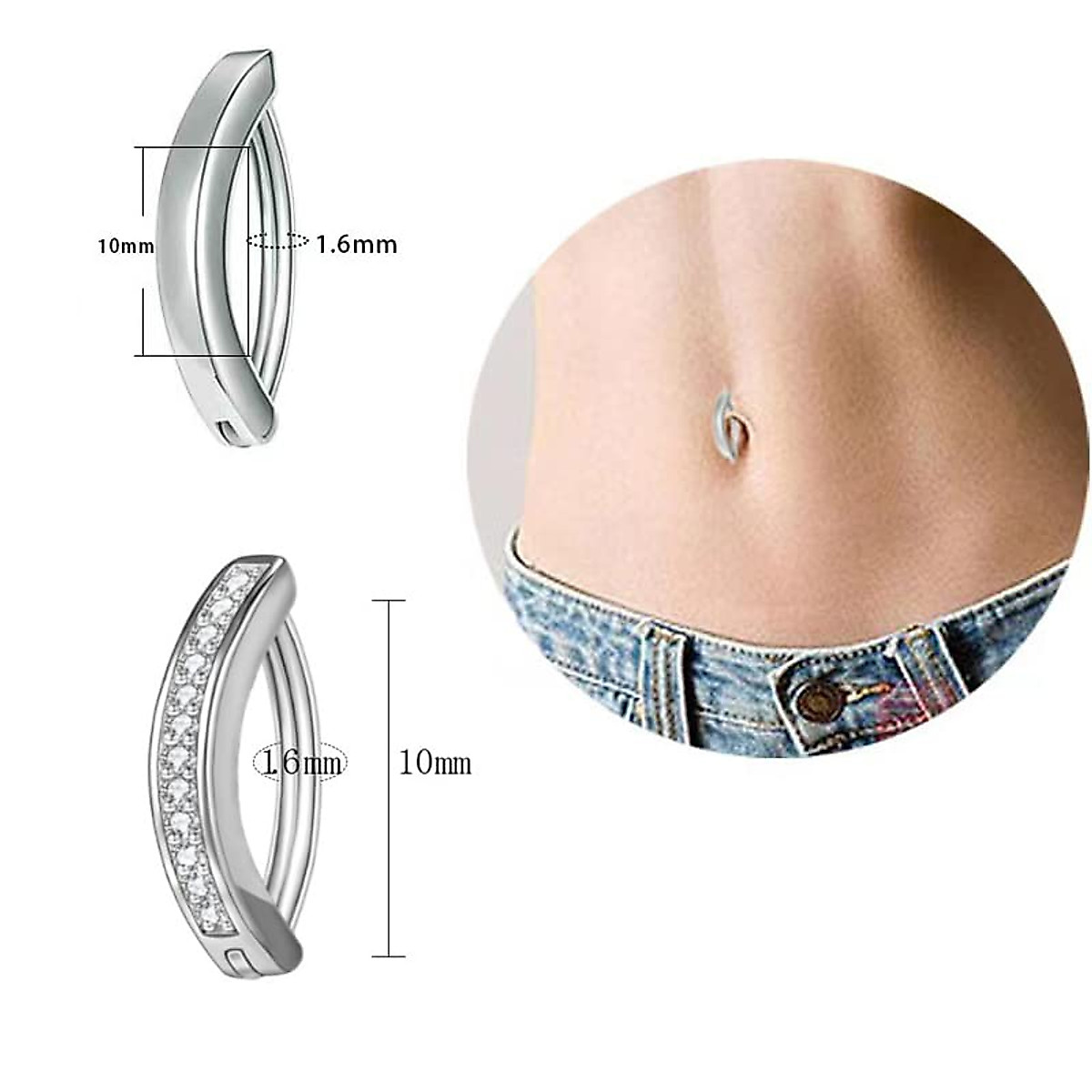 DANSOAN 14G Clicker Belly Button Rings for Women Stainless steel Smooth Surface Cubic Zirconia Opal Belly Piercing Rings Curved Navel Rings Belly Piercing Body Jewelry