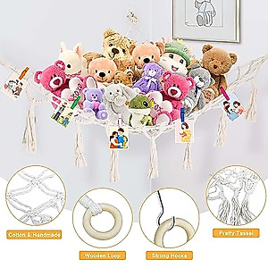 Newmemo Stuffed Animal Hammock Macrame Toy Hammock Stuffed Animal Net with Tassels Macrame Corner Plush Toys Net Holder Hanging Netting with Wooden Photo Clips for Boho Nursery Play Room Kids Bedroom