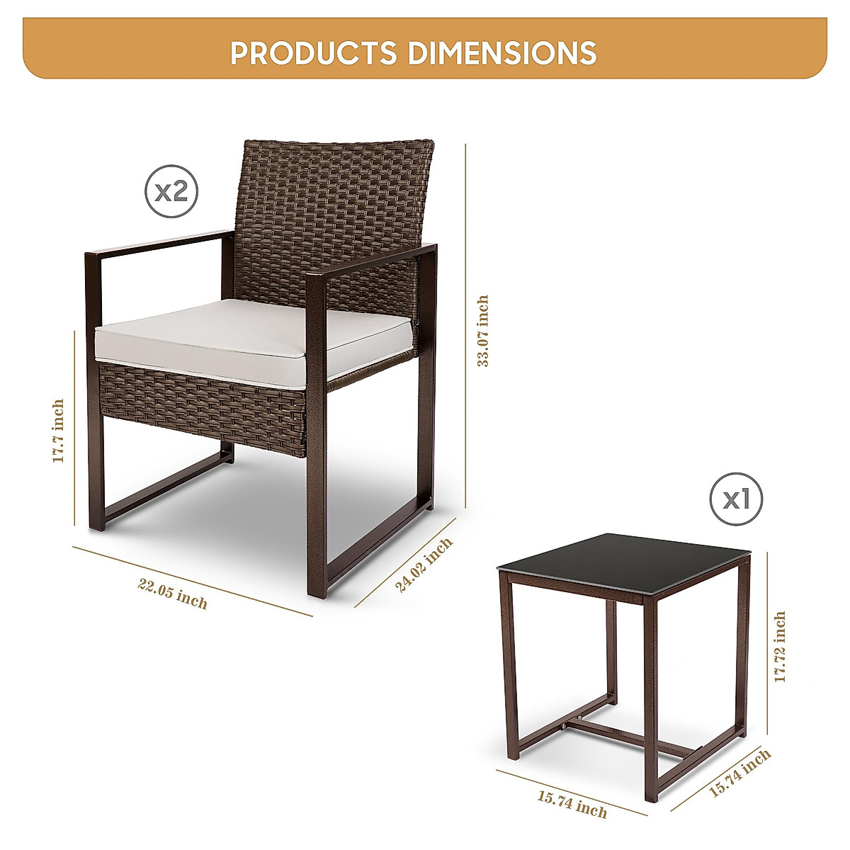 YIYAN Patio Furniture Set 3 Pieces Outdoor Rattan Chair Wicker Sofa Garden Conversation Bistro Sets with Coffee Table,Comfortable Washable Cushions (White)