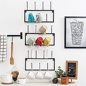 MyGift Wall Mounted Brown Metal Coffee Mug Holder, Hanging Coffee Bar Accessory Rack with 7 Hooks, Set of 3 - Holds 21 Mugs