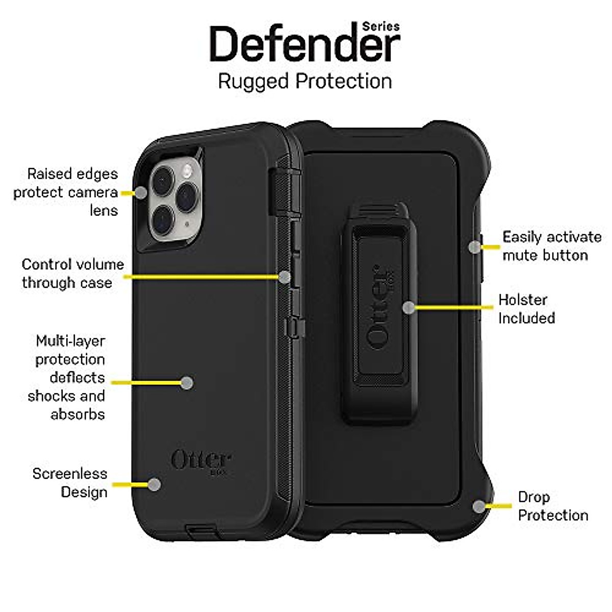 OtterBox iPhone 11 Pro Max Defender Series Case - BLACK, rugged & durable, with port protection, includes holster clip kickstand