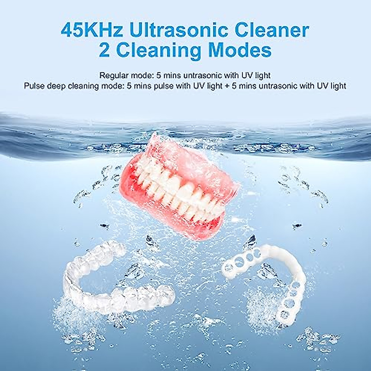 Ultrasonic UV Retainer Cleaner Machine - 45kHz Ultrasonic Cleaner for Dentures, Aligner, Mouth Guard, Whitening Trays, Toothbrush Head, 5/10 Minute Ultrasonic/Pulse Cleaning for Jewelry, Diamonds