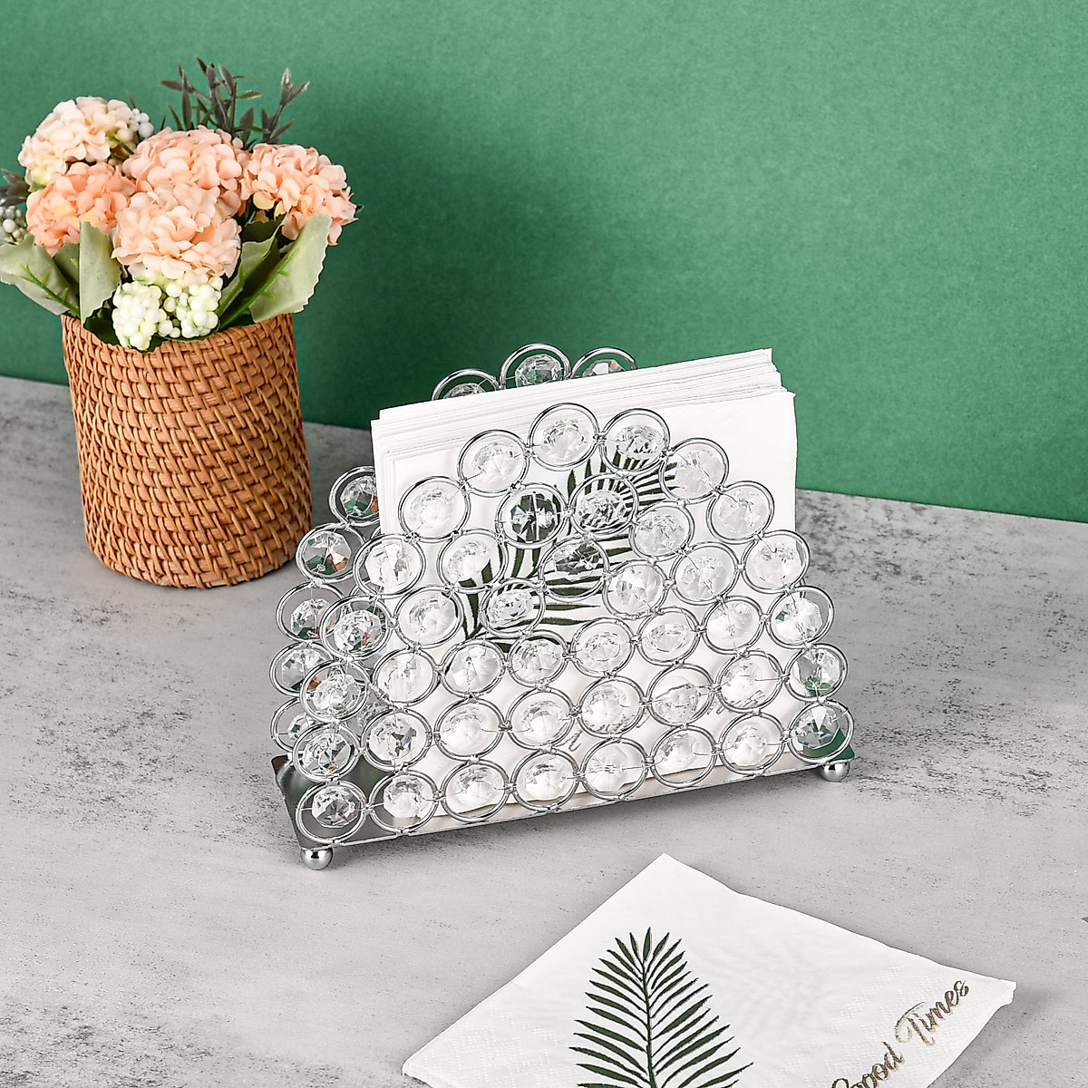 Feyarl Crystal Napkin Paper Holder Facial Tissues Napkin Organizer Mails Letters Cards Holder Cast Standing for Dinner Table Dresser Home Deco Office (Silver)