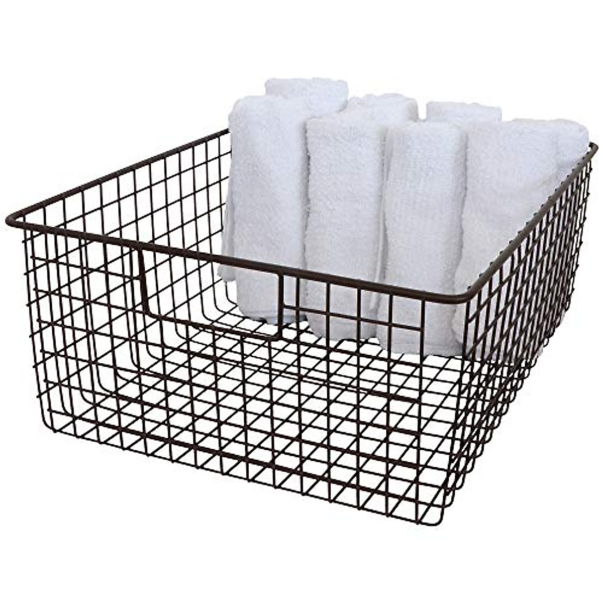Kitchen Basics 101 Large Farmhouse Metal Wire Storage Basket Bins with Handles 16" x 12" x 6" Closets, Shelves, Cabinets, Bathrooms (Bronze, 2)