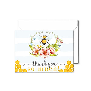 Paper Clever Party Bee Thank You Cards with Envelopes for Baby Shower, Gender Reveal, Wedding, Everyday Occasions, Rustic Bumblebee and Floral Stationery Simple Folded Note Set, 25 Pack