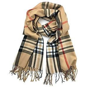 Plum Feathers Luxurious Classic Plaid Pattern Pashmina Scarf (Camel)