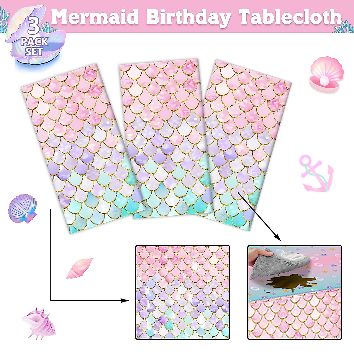 JQSSHXB Mermaid Birthday Tablecloth 3 Pack Mermaid Table Cloths Disposable Plastic Mermaid Birthday Decorations for Party Kids Girls Baby Shower Themed Mermaid Birthday Party Favors (Fish Scale)