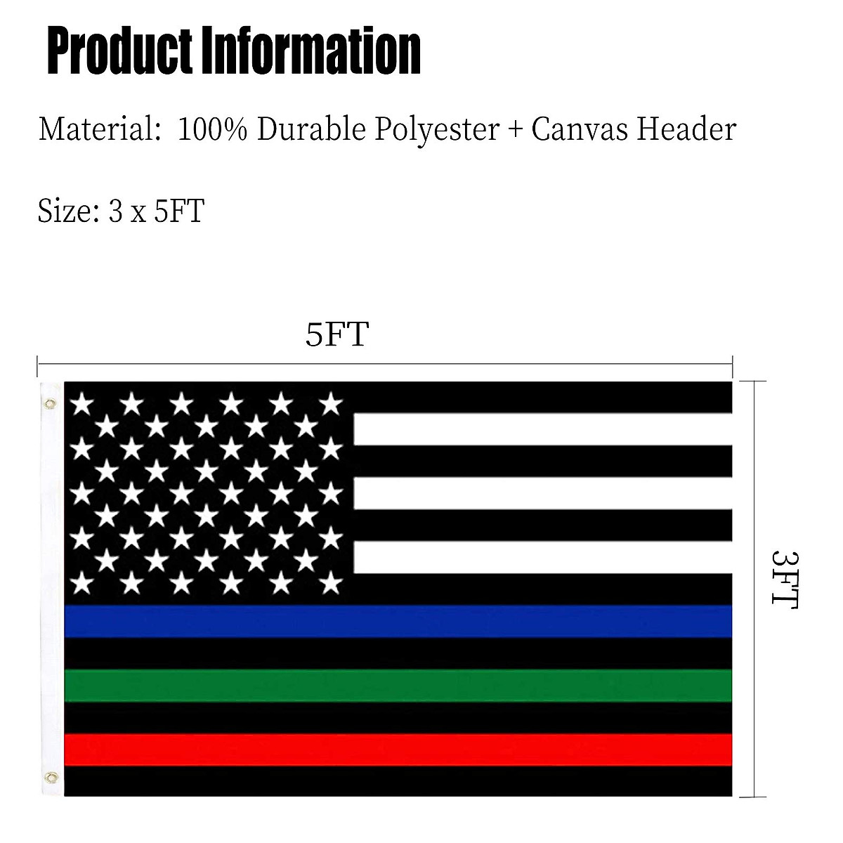 Embroidery Thin Red Blue Green Line Flag 3x5 Outdoor- Police Firefighter Military Flags Heavy Duty Vivid Colors UV Protection Double Stitched 210D Polyester with 2 Grommets