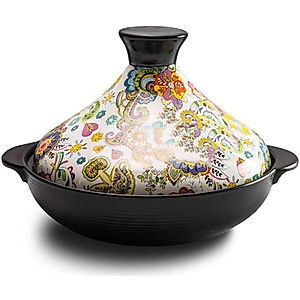 Ceramic Tagine Pot 2L Ceramic Casserole with Flower Pattern|Tagine Pot With Lid for Braising Slow Cooking|Without Lead Cooking Healthy Food