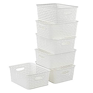 Sosody Plastic Woven Storage Baskets, Small Classroom Baskets, White, 6 Packs