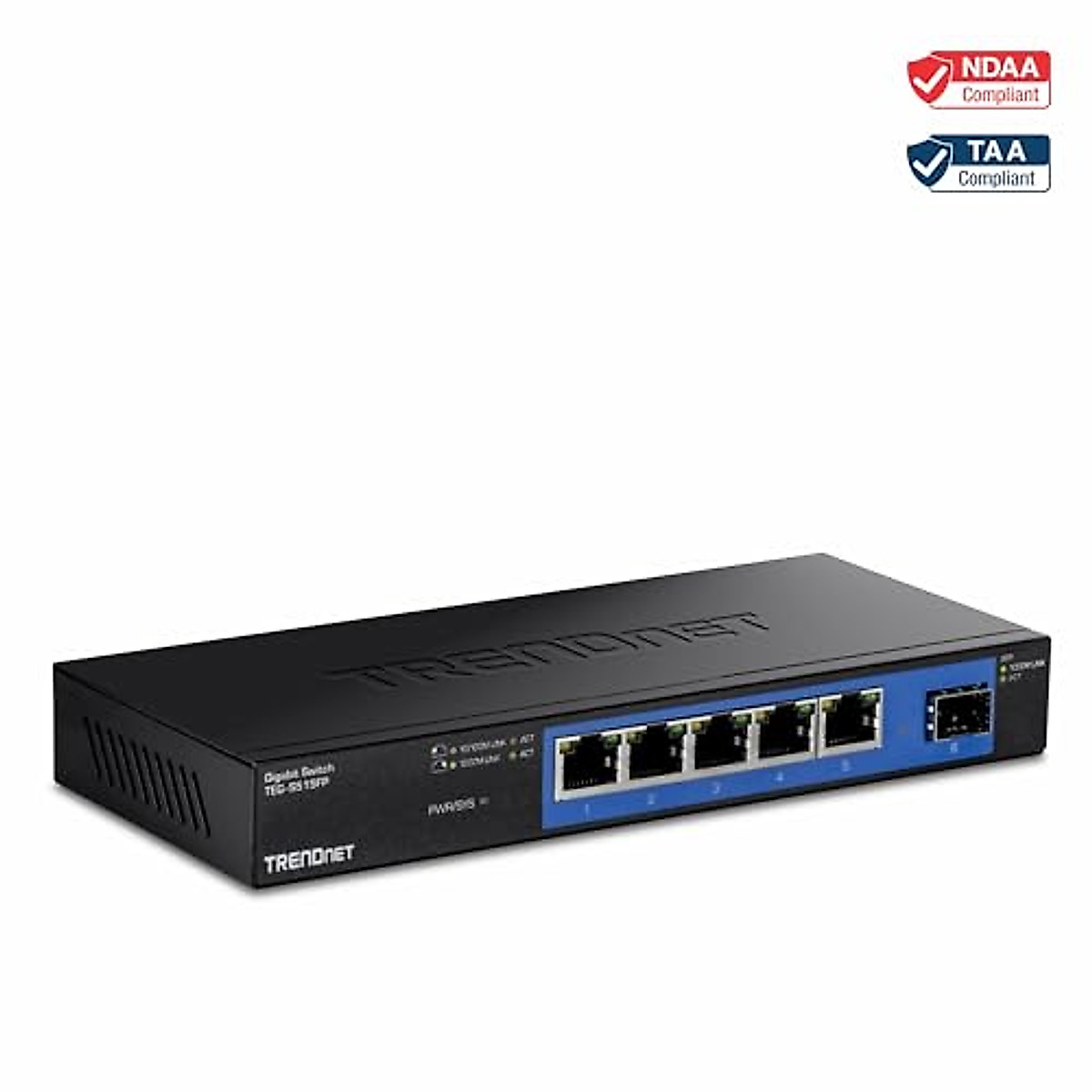 TRENDnet 5-Port Gigabit Compact Metal Desktop Switch with SFP Slot, TEG-S51SFP , Fanless Design, Wall Mountable, Lifetime Protection, Black