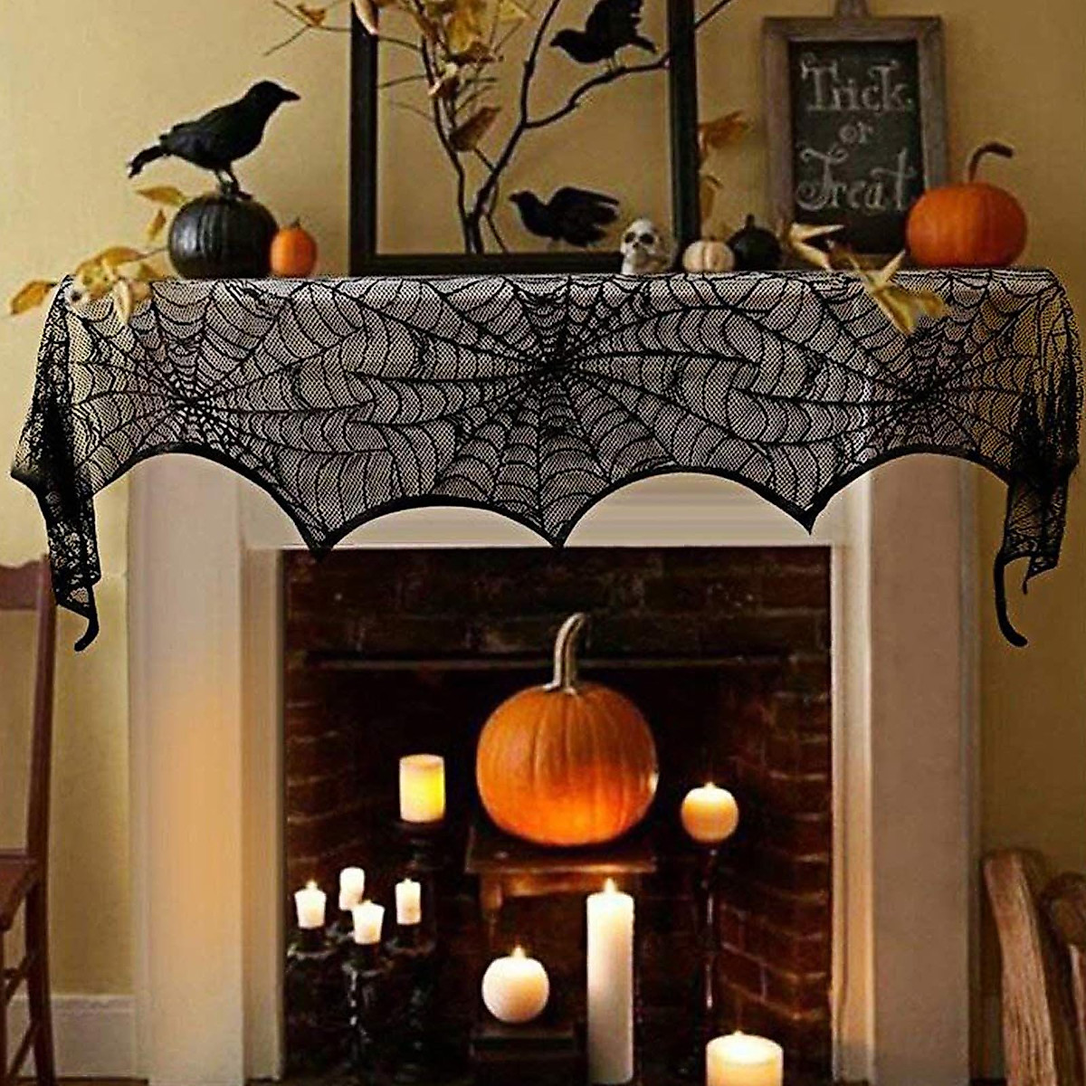 5 Pack Halloween Decorations Indoor, Halloween Mantel Decorations, Spider Web Table Runners, Round Table Cover and Cobweb Lampshade with 36pcs Scary 3D Bat Stickers for Halloween Party Decor