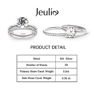 Jeulia 3.5ct Sterling Silver Wedding Ring Bridal Sets Classic Round Cut Anniversary Promise Jewelry with 0.35 ct Side Stone Brilliant Solitaire Band for Her with Gift Box (White, 9.5)