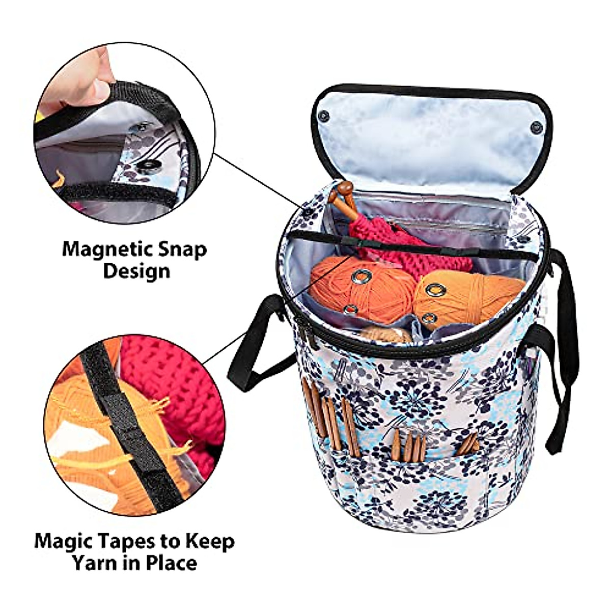 Teamoy Knitting Tote Bag, Yarn Storage Crochet Bag Organizer for Knitting Needles, Yarn, Unfinished Projects, Crochet Hooks, and Other Supplies, Dandelion