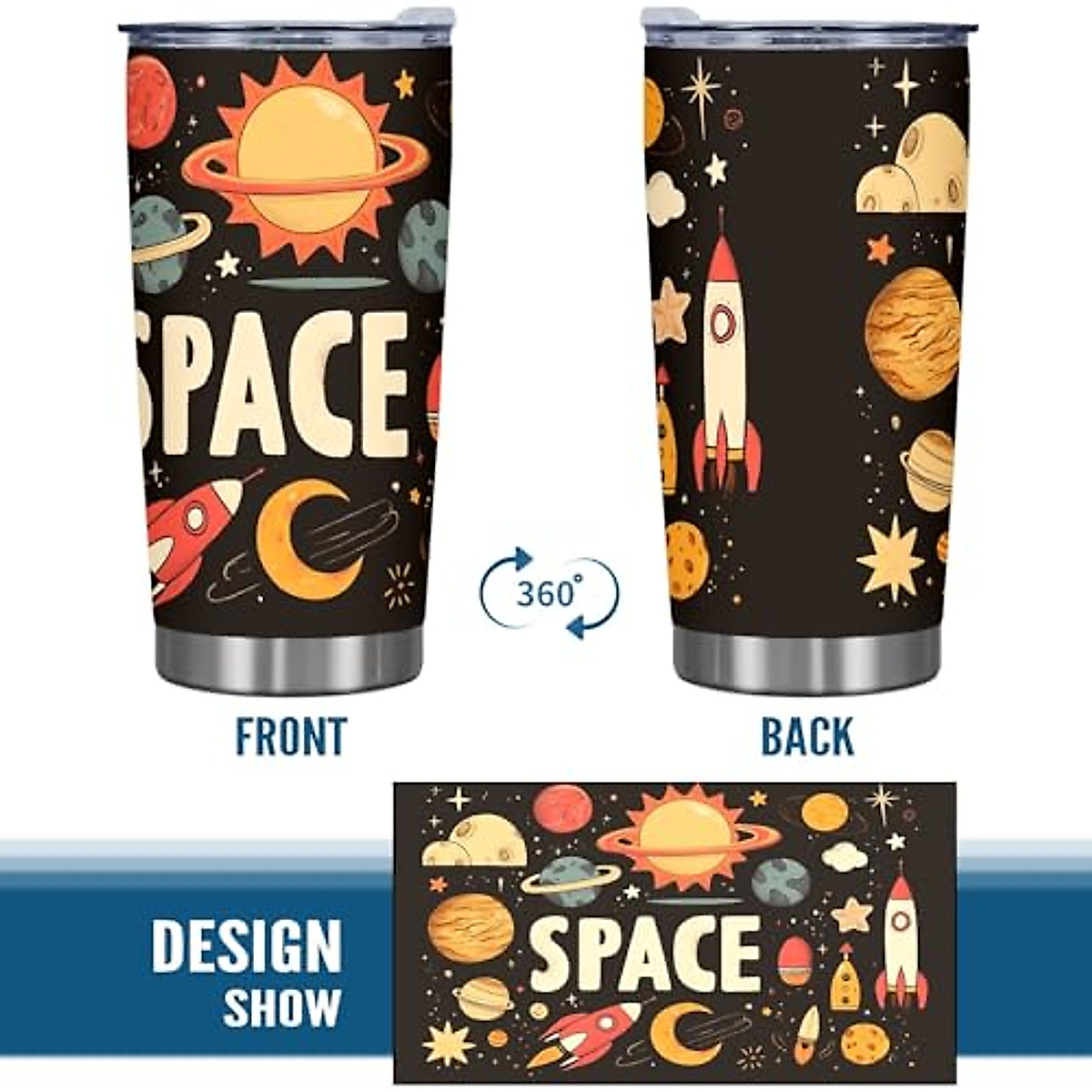 QWEUIOP 20oz Insulated Travel Coffee Mug Cartoon Outer Space Planet Rocket Stainless Steel Tumbler with Lid Double Wall Vacuum Coffee Cup For Hot and Cold Drinks14143